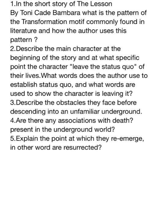 Solved 1.In the short story of The Lesson By Toni Cade | Chegg.com