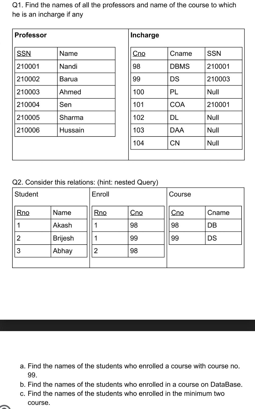 Solved Q1. Find the names of all the professors and name of | Chegg.com