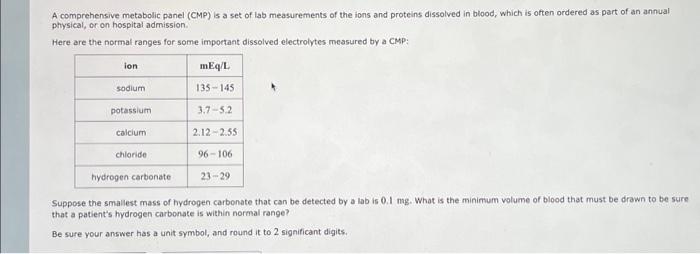 Solved A comprehensive metabolic panel (CMP) is a set of lab | Chegg.com