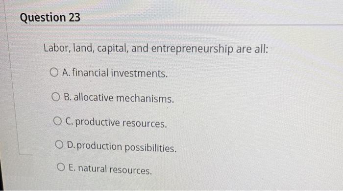 Solved Labor, land, capital, and entrepreneurship are all: | Chegg.com