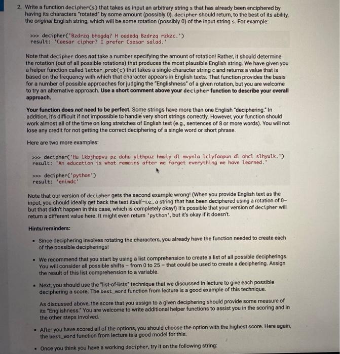 2. Write a function decipher(s) that takes as input | Chegg.com