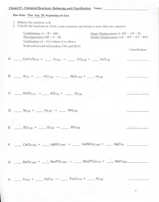 Solved Chem119 Chemical Reactions: Balancing and | Chegg.com