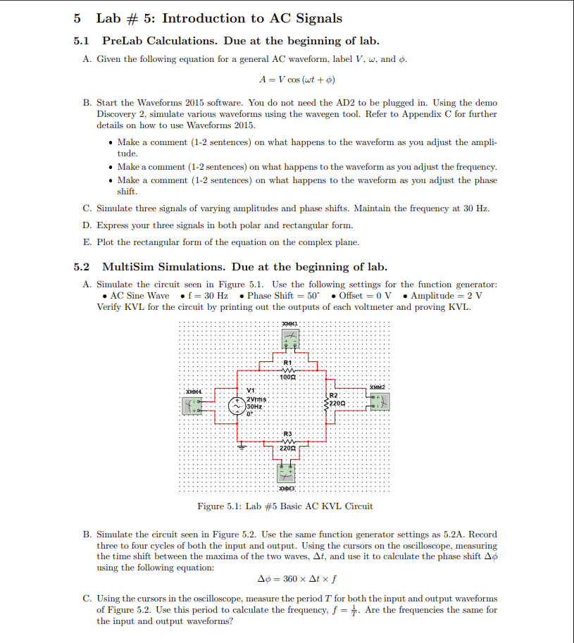 5 ﻿Lab \# 5: Introduction to AC Signals5.1 ﻿PreLab | Chegg.com