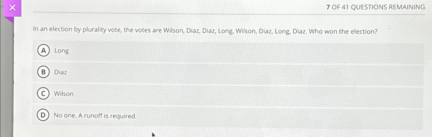 Solved 7 ﻿OF 41 ﻿QUESTIONS REMAININGIn an election by | Chegg.com