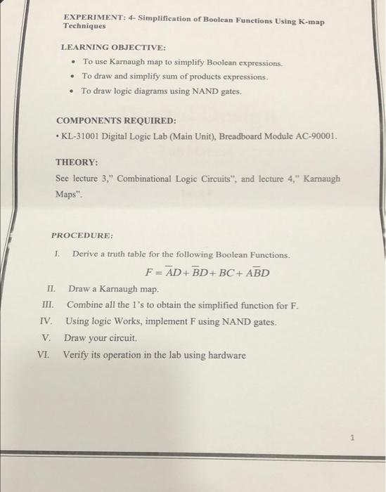 Solved EXPERIMENT: 4- Simplification of Boolean Functions | Chegg.com