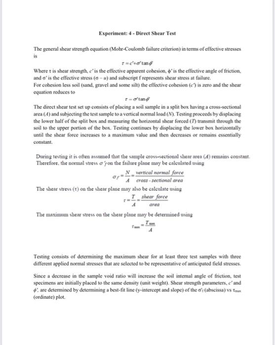 Solved Experiment: 4 - Direct Shear Test The general shear | Chegg.com