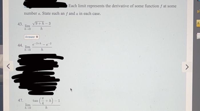 Solved Each limit represents the derivative of some function | Chegg.com