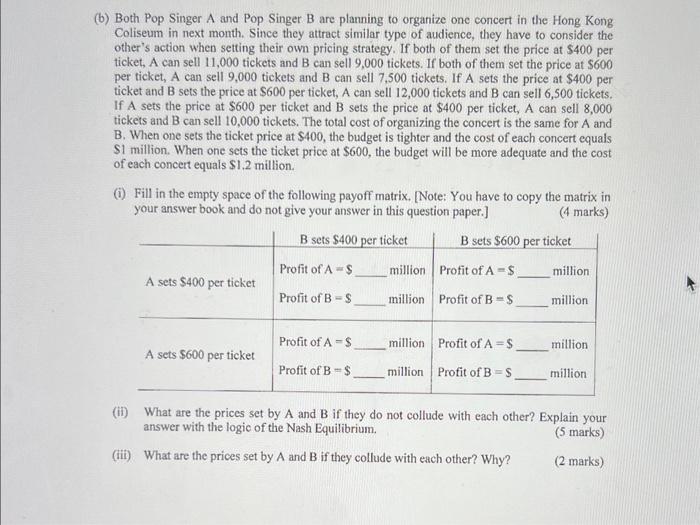 Solved (b) Both Pop Singer A and Pop Singer B are planning | Chegg.com