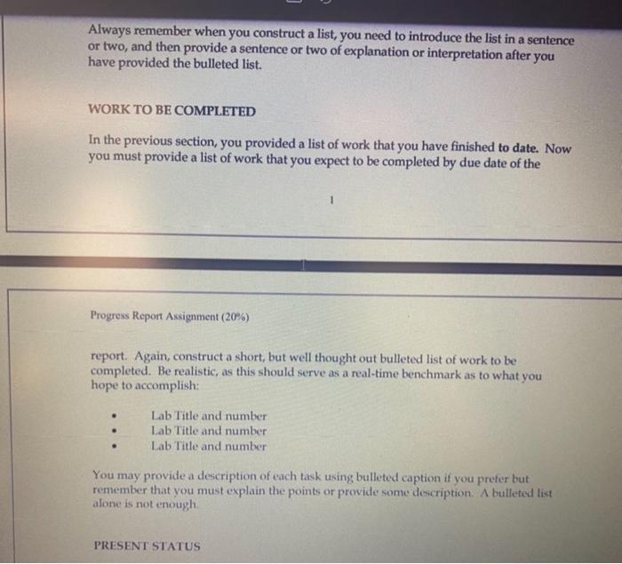 Write a Progress Report describing your progress on | Chegg.com