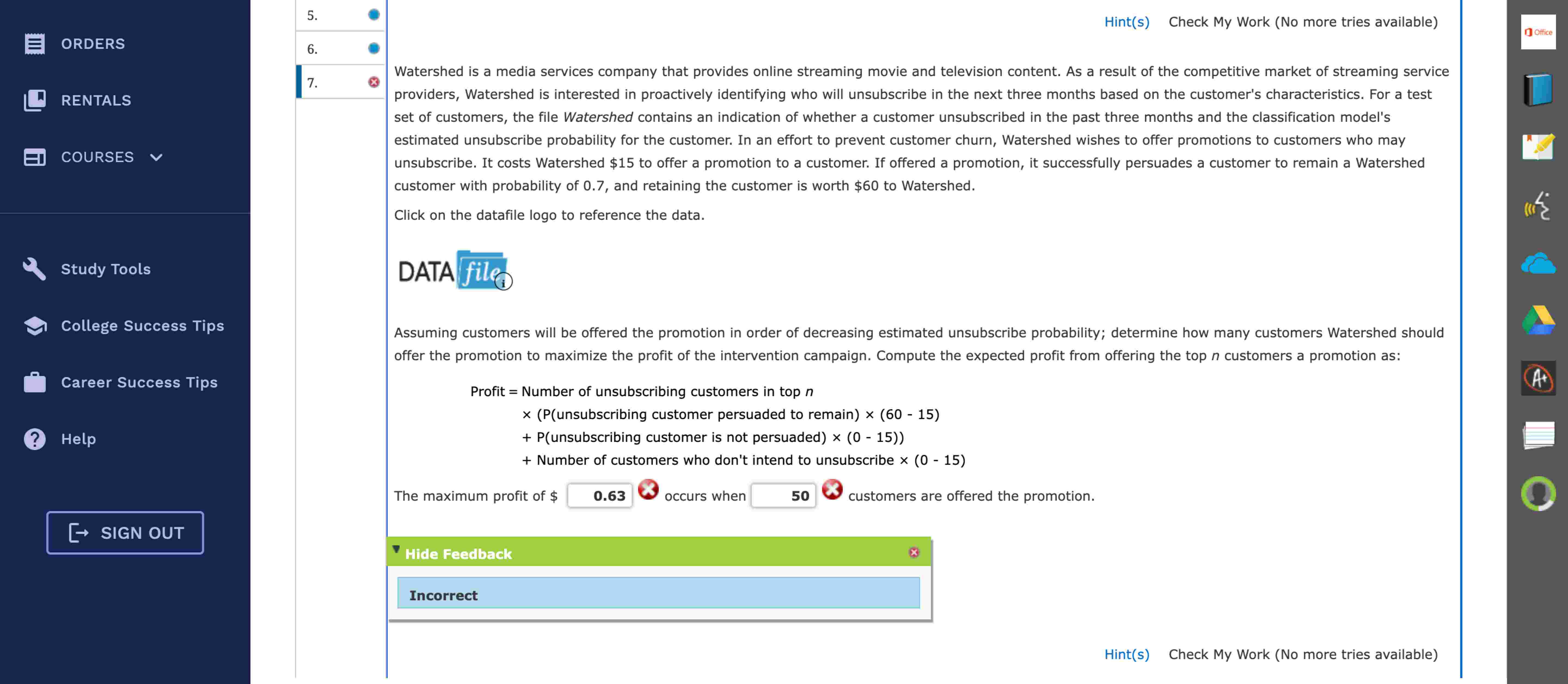Hint(s) ﻿Check My ﻿Work (No ﻿more tries | Chegg.com