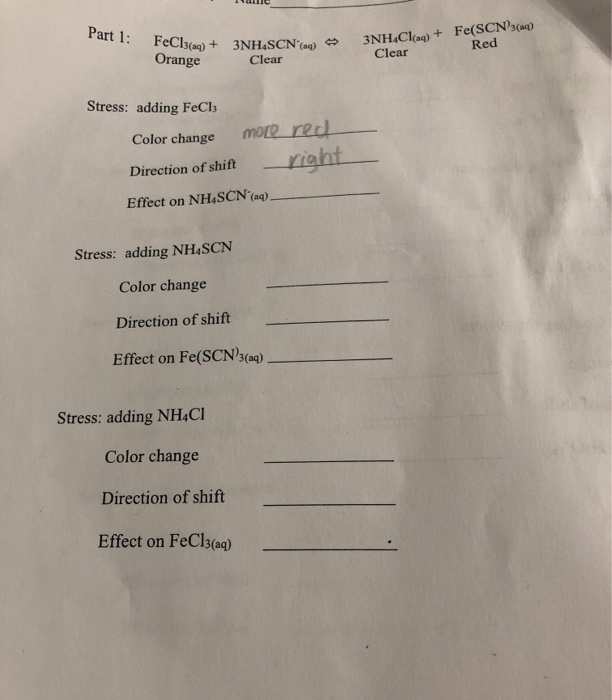 Solved Part 1: FeCl3(aq) + NHSCN (aq) 3NHCl(aq) + | Chegg.com