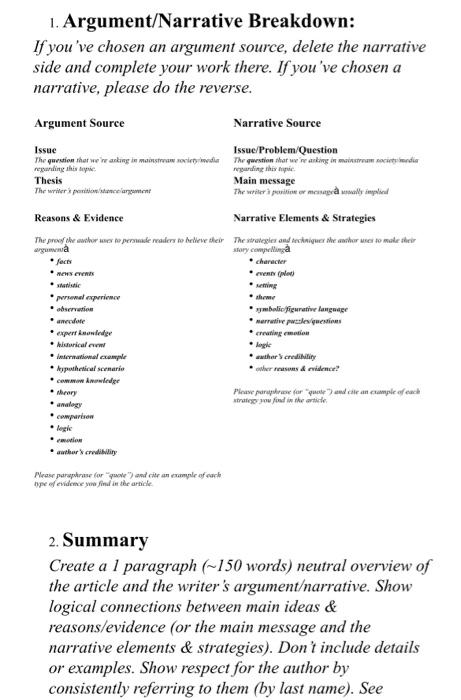1. Argument/Narrative Breakdown: If you've chosen an | Chegg.com
