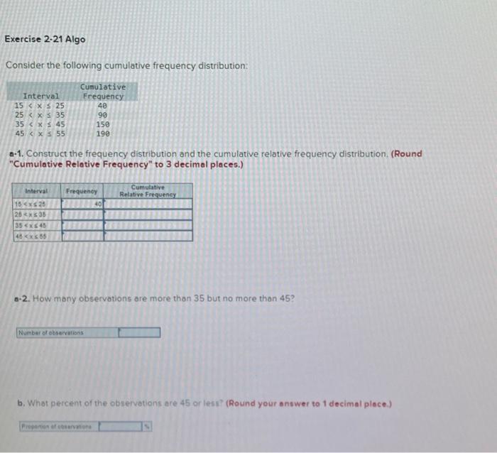 Solved Exercise 2-21 Algo Consider the following cumulative | Chegg.com