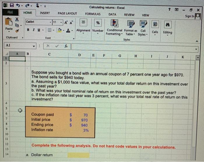 Solved Calculating Returns Excel Х File Home Insert 