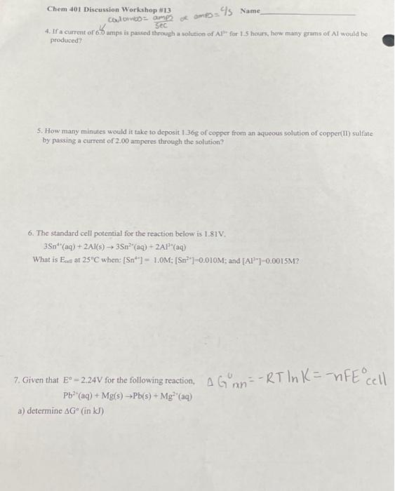 Solved coulowiob = SeC amph of amps =4/5 Name Chem 401 | Chegg.com