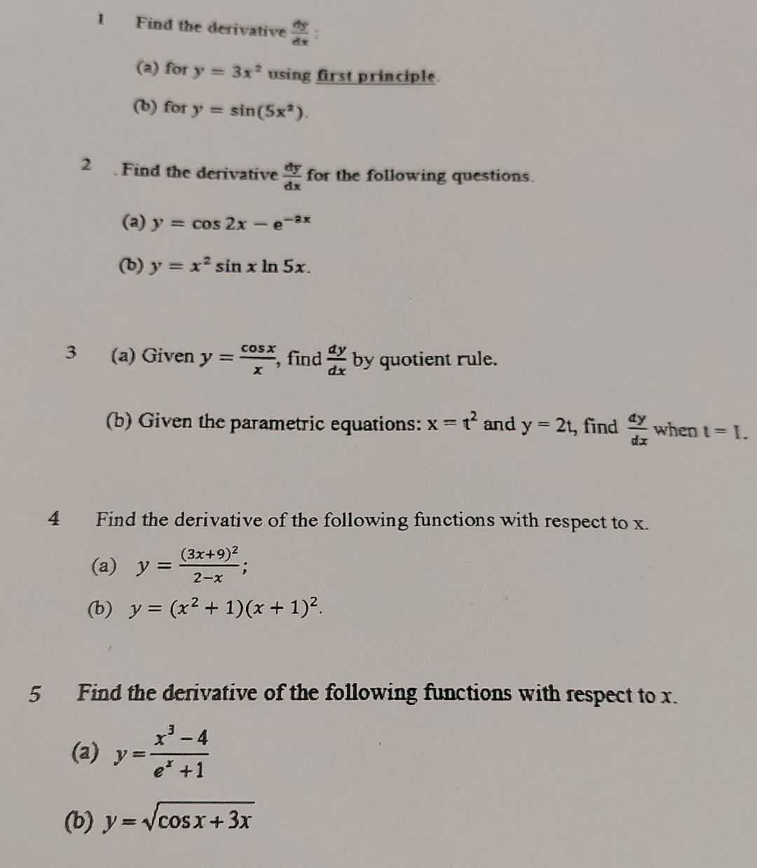 Solved 1 Find the derivative dxdy : (a) for y=3x2 using | Chegg.com