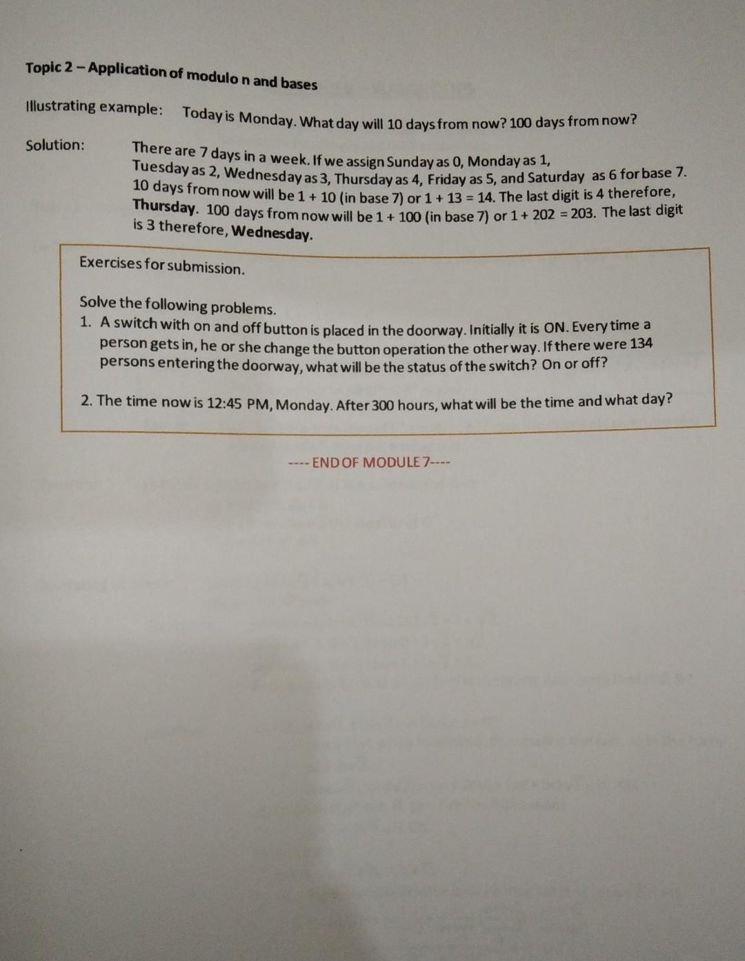 Solved MODULE 7 - MODULO N AND BASES Objectives : At the end | Chegg.com