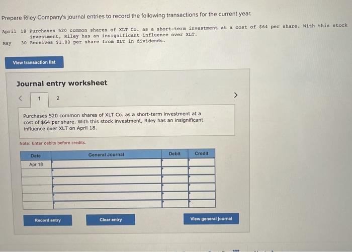 Solved Prepare Riley Company's journal entries to record the | Chegg.com