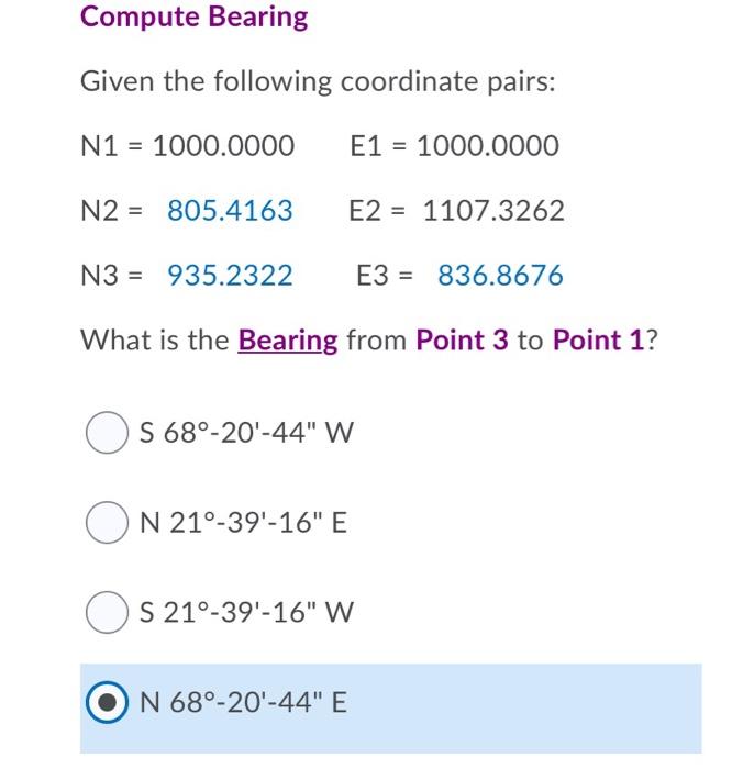 Solved Compute Bearing Given the following coordinate pairs: | Chegg.com