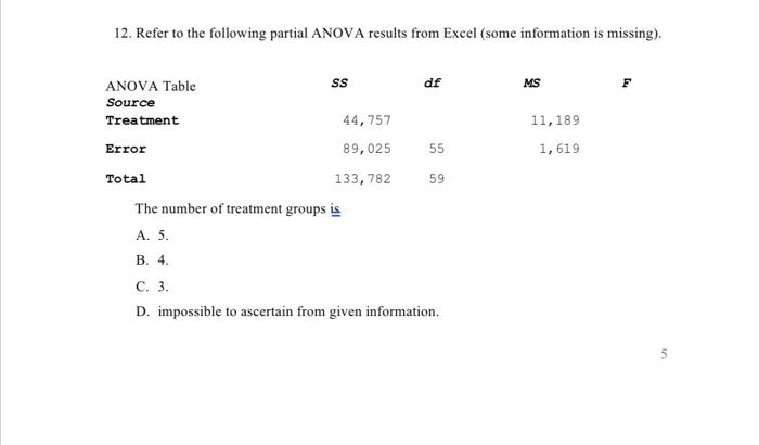 Solved 12. Refer to the following partial ANOVA results from | Chegg.com