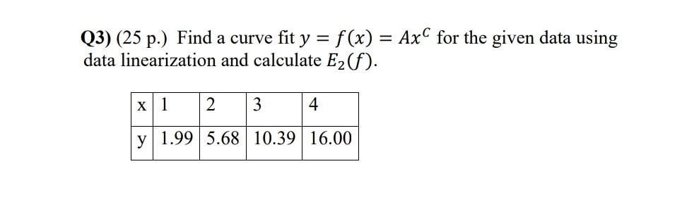 Solved Q3) (25 p.) Find a curve fit y = f(x) = AxC for the | Chegg.com