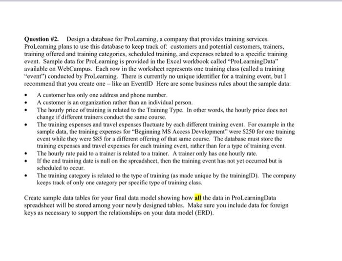 Solved Question #2. Design a database for ProLearning, a | Chegg.com