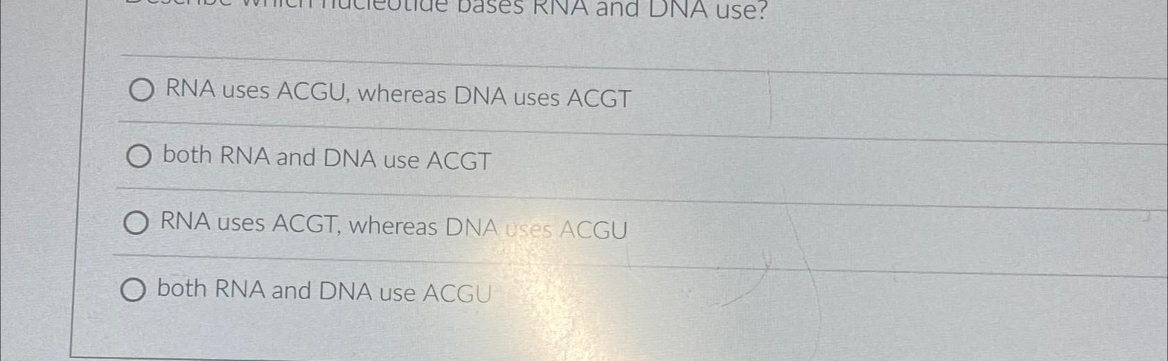 Solved RNA uses ACGU, whereas DNA uses ACGTboth RNA and DNA | Chegg.com