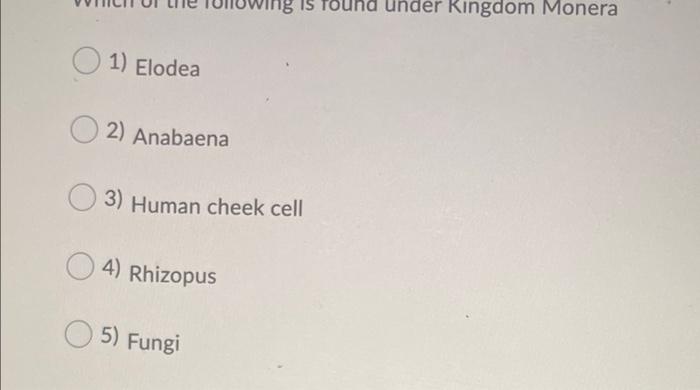 Solved ng is found under Kingdom Monera 1) Elodea 2) | Chegg.com