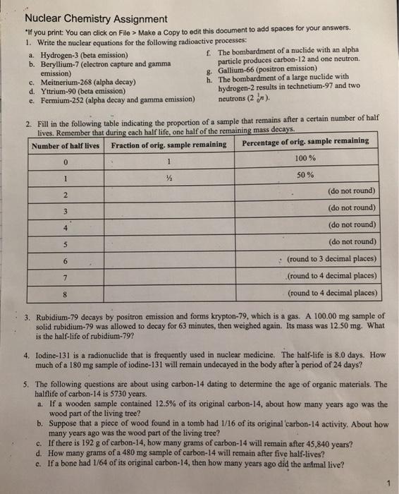 Solved Nuclear Chemistry Assignment *If you print: You can | Chegg.com