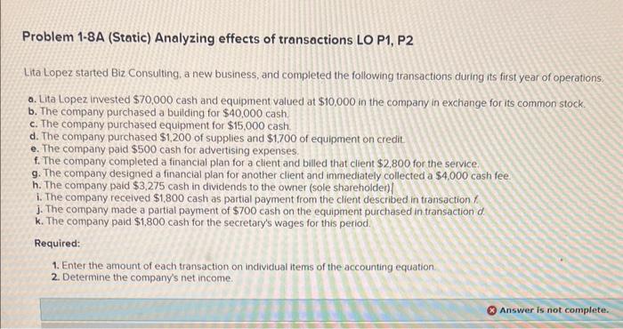 Solved Problem 1-8A (Static) Analyzing effects of | Chegg.com
