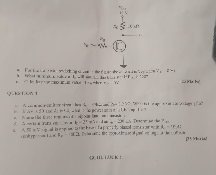 Solved a. For the transistor switching circuit in the figure | Chegg.com