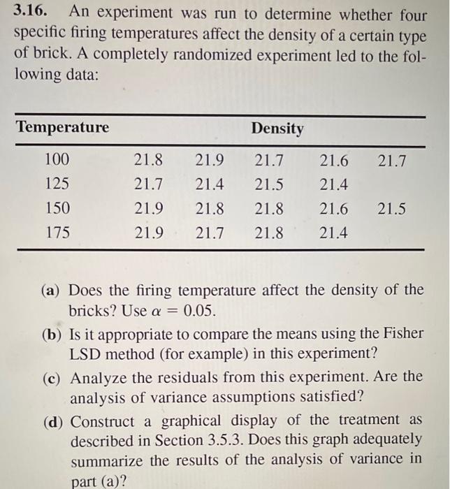 Solved 3.16. An experiment was run to determine whether four | Chegg.com