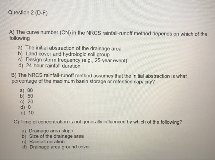 Solved Question 2 (D-F) A) The curve number (CN) in the NRCS | Chegg.com