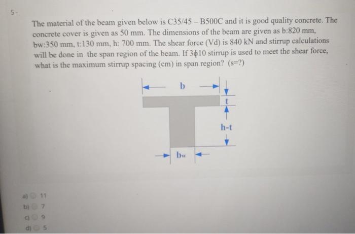 Solved 5- The material of the beam given below is C35/45 - | Chegg.com