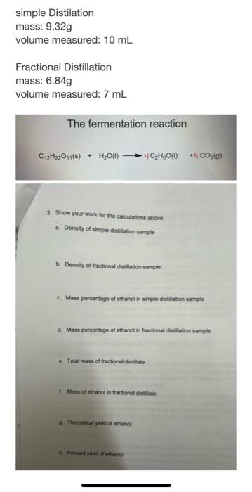 Solved simple Distilation mass: 9.32 g volume measured: 10 | Chegg.com