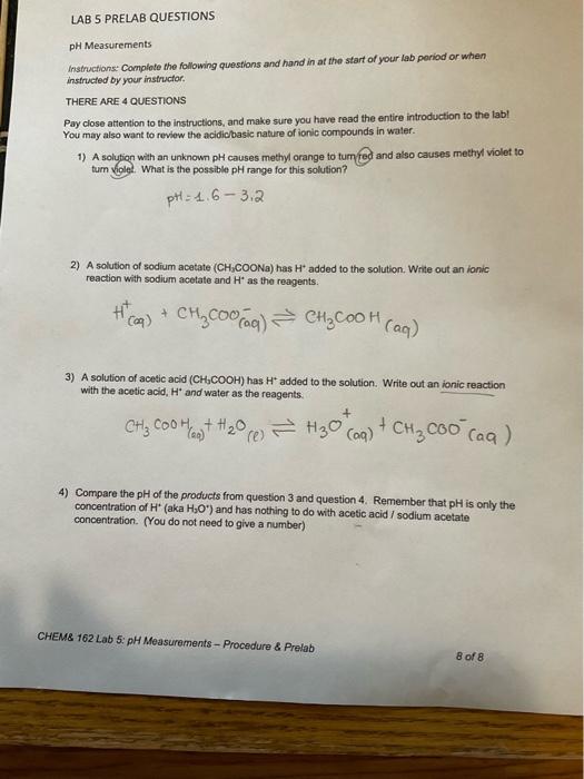 Solved LAB 5 PRELAB QUESTIONS pH Measurements Instructions: | Chegg.com