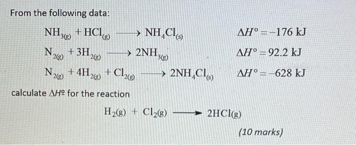 Solved From the following data: NH3(g)+HCl(g) NH4Cl(s) N2( | Chegg.com