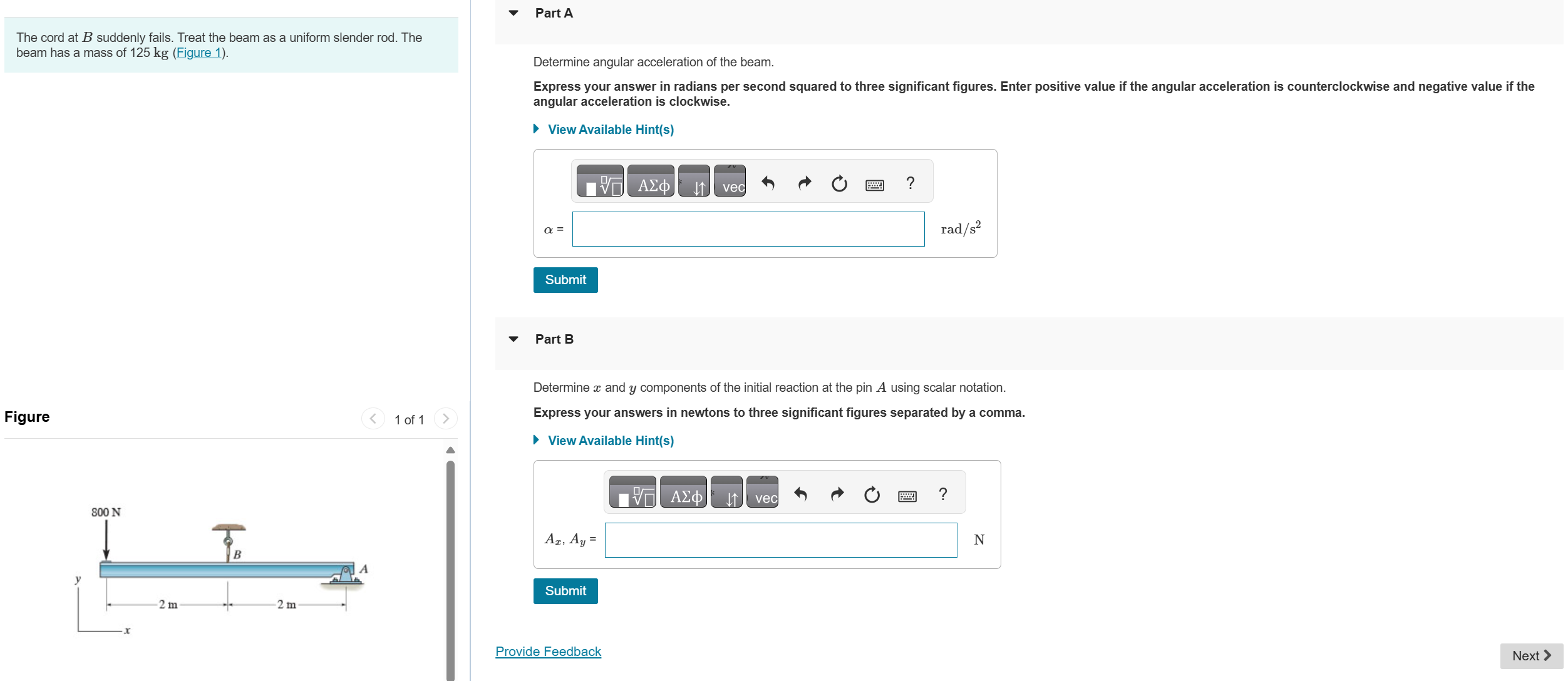 Solved The cord at \( ﻿B \) ﻿suddenly fails. Treat the beam | Chegg.com