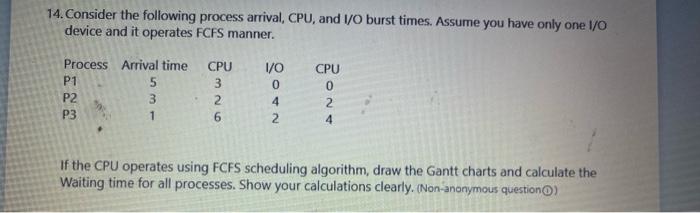 Solved 14. Consider the following process arrival, CPU, and | Chegg.com
