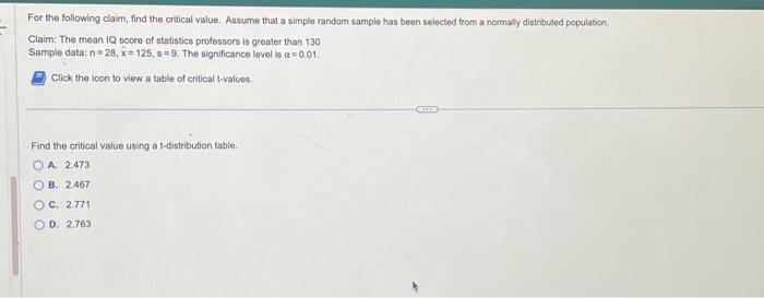 Solved For the following claim, find the critical value. | Chegg.com