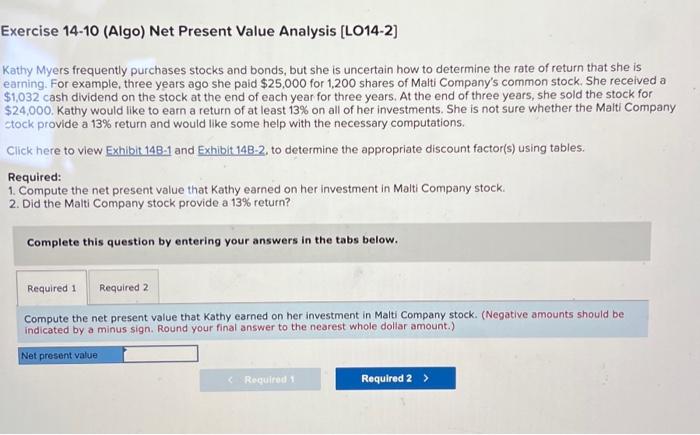 Solved Exercise 14-10 (Algo) Net Present Value Analysis | Chegg.com