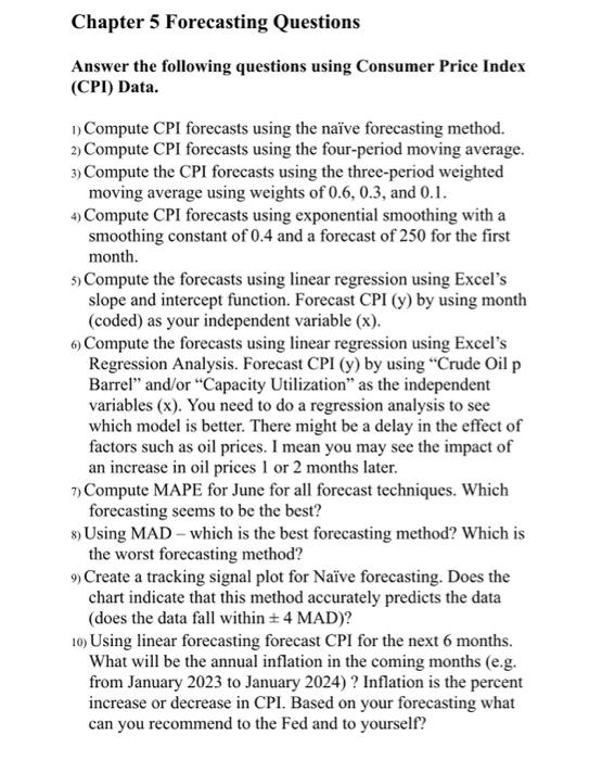 Solved Chapter 5 Forecasting Questions Answer the following | Chegg.com
