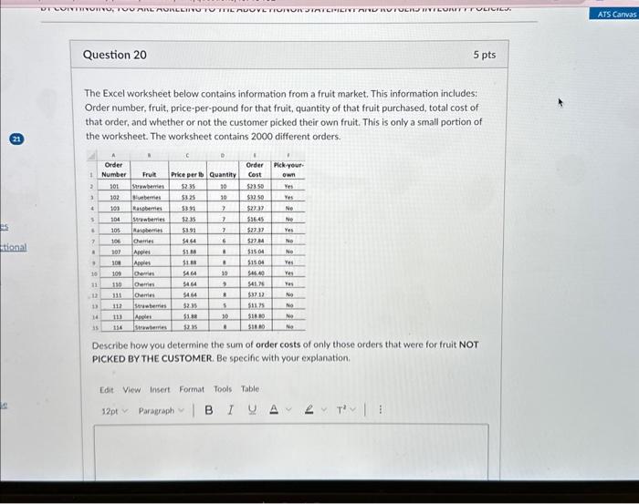 The Excel worksheet below contains information from a | Chegg.com