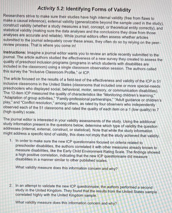 Solved Activity 5.2: Identifying Forms of Validity | Chegg.com