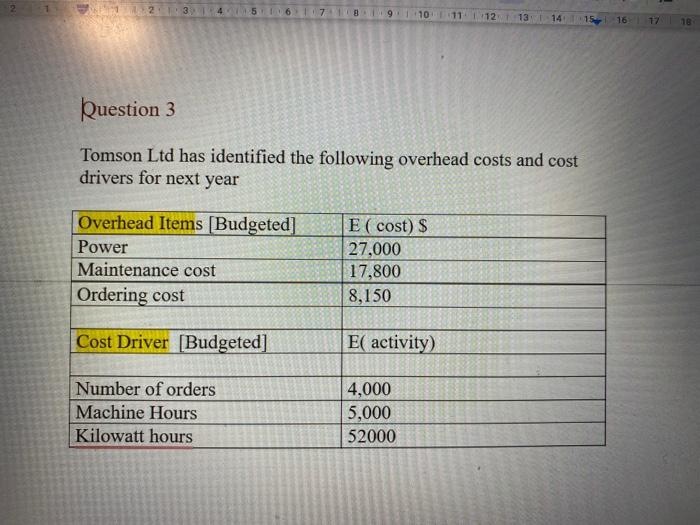 Solved Tomson Lte has identified the following overhead | Chegg.com