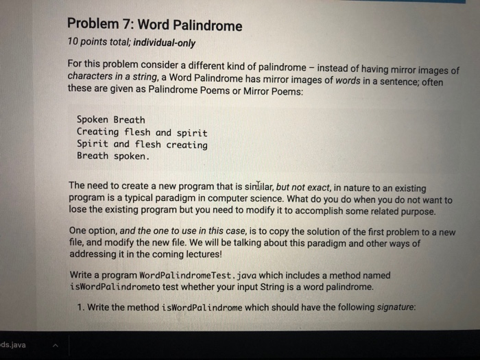Solved Problem 7: Word Palindrome 10 points total; | Chegg.com