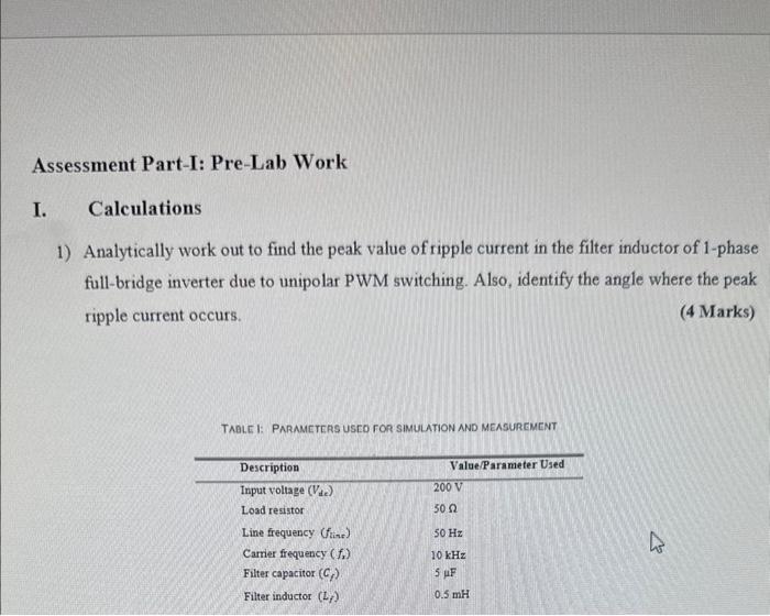 Solved Assessment Part-I: Pre-Lab Work I. Calculations 1) | Chegg.com