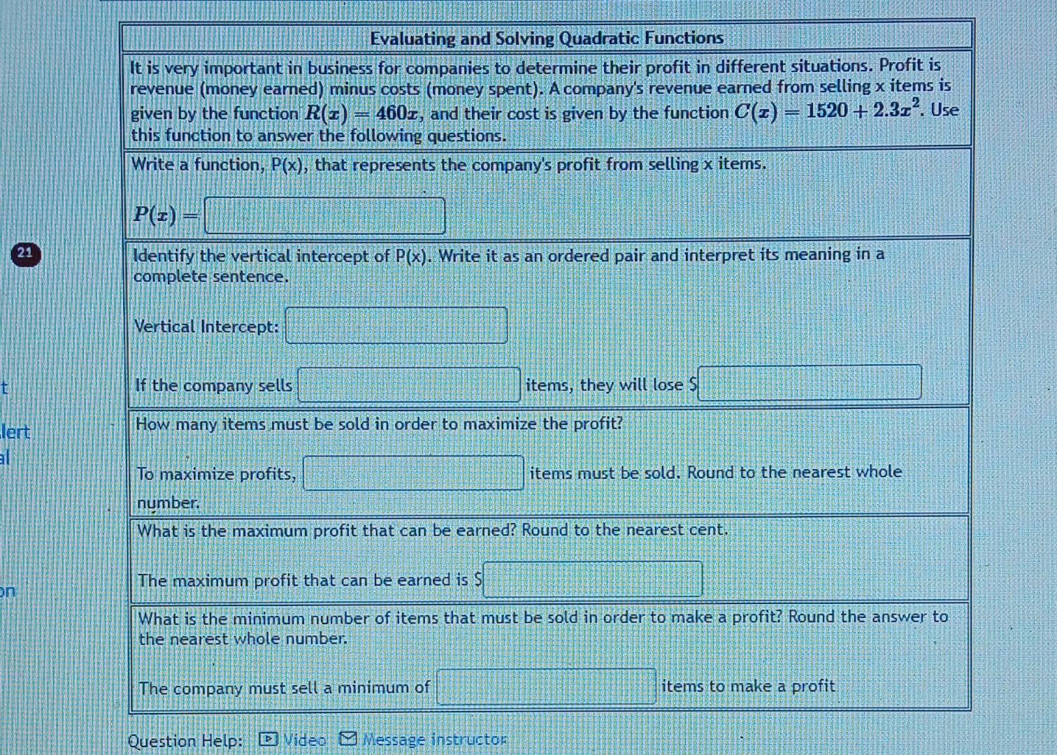 Solved Evaluating and Solving Quadratic Functions It is very | Chegg.com