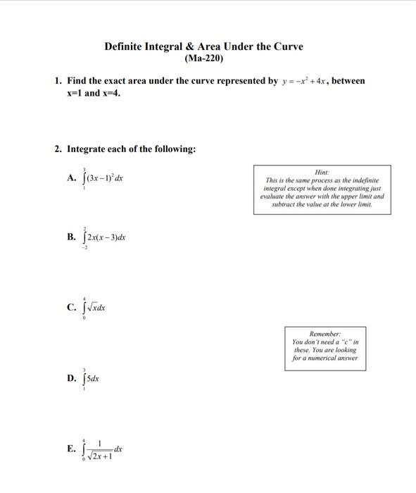Solved Definite Integral \& Area Under the Curve (Mal-220) | Chegg.com