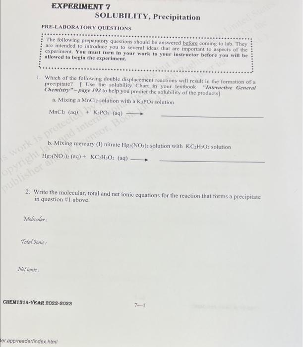 Solved EXPERIMENT ? SOLUBILITY, Precipitation PRE-LABORATORY | Chegg.com
